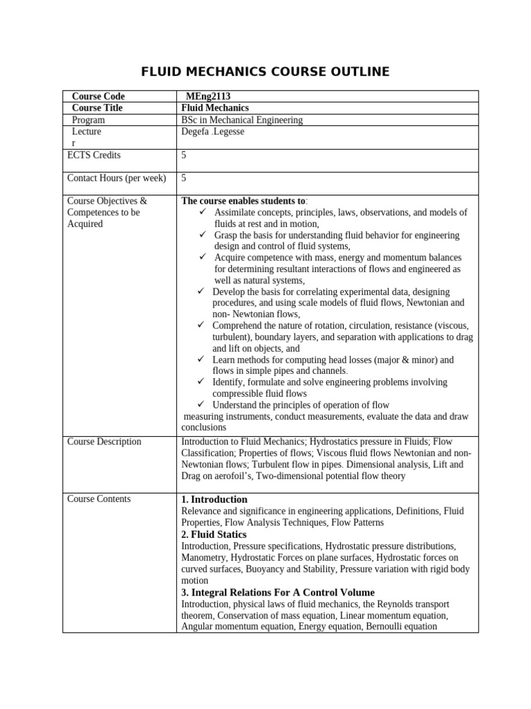 Fluid Mechanics Course Line | PDF | Fluid Dynamics | Fluid Mechanics