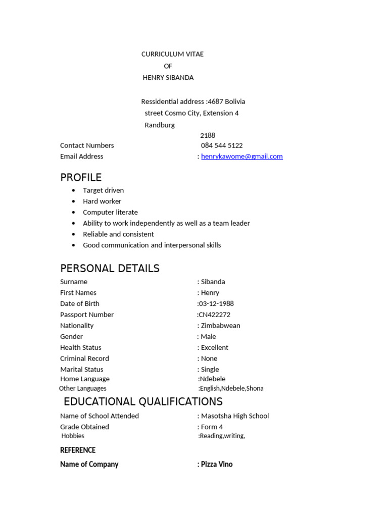 Henry Sibanda's Professional CV | PDF