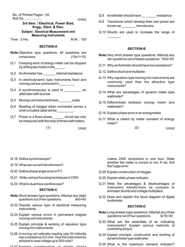 Ee 3 Sem Electrical Instrumentation and Measuring Instruments 120932 ...