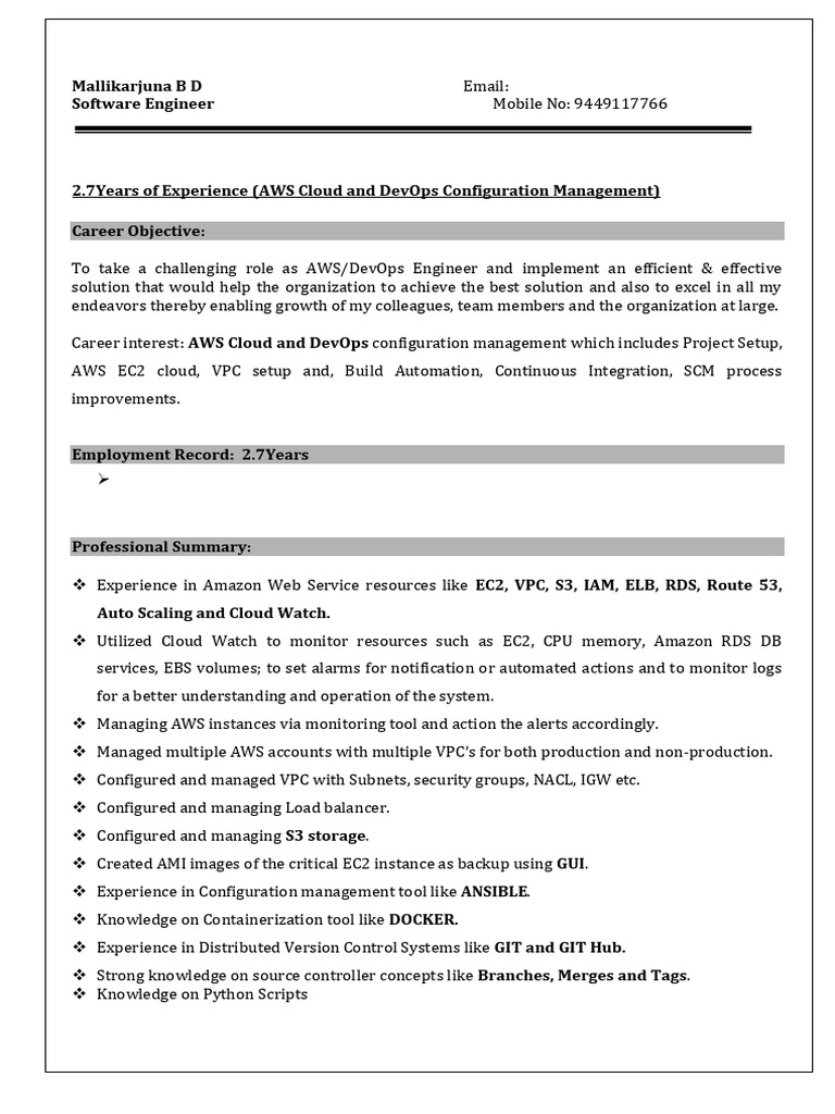 Mallikarjuna B D Aws Devops Resume | PDF | Amazon Web Services | Computer Engineering