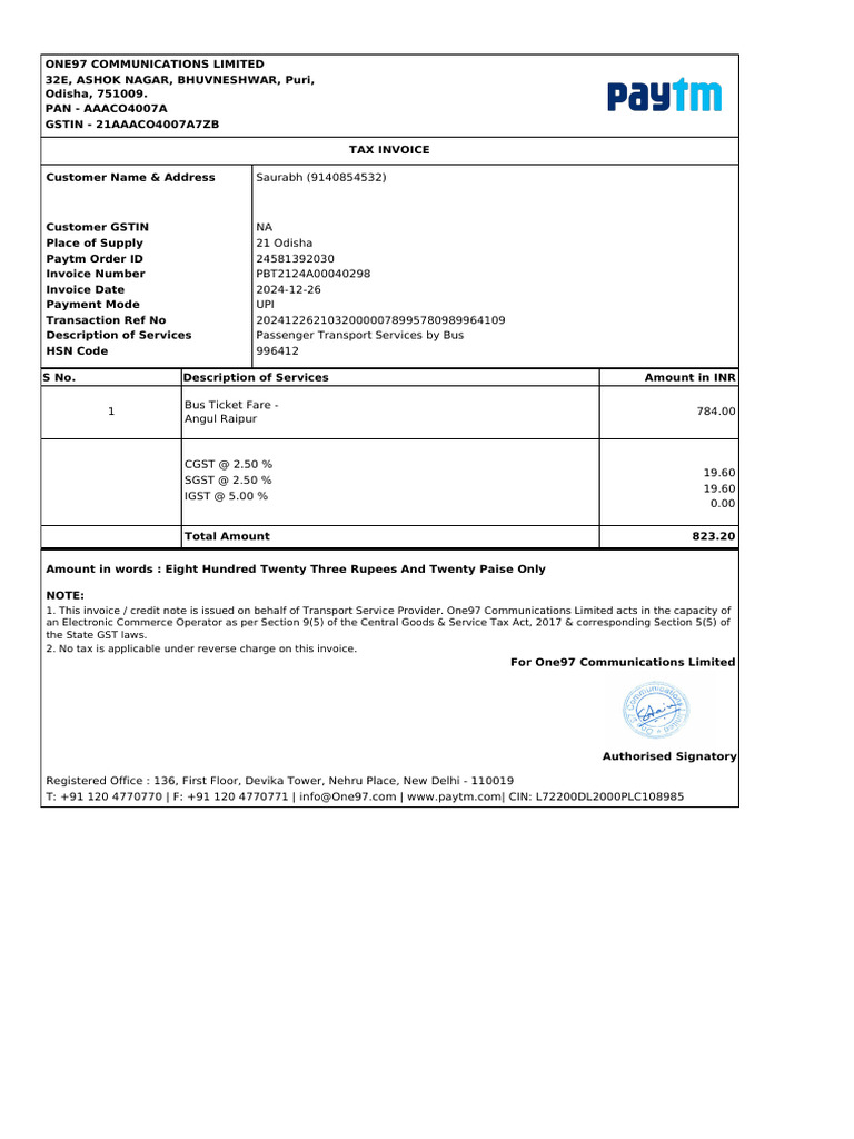 Paytm Bus Ticket Invoice Details | PDF | Public Transport | Payments