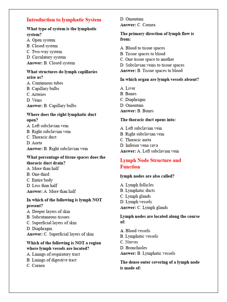 Lymphatic System MCQs and Answers | PDF | Lymph | Lymph Node