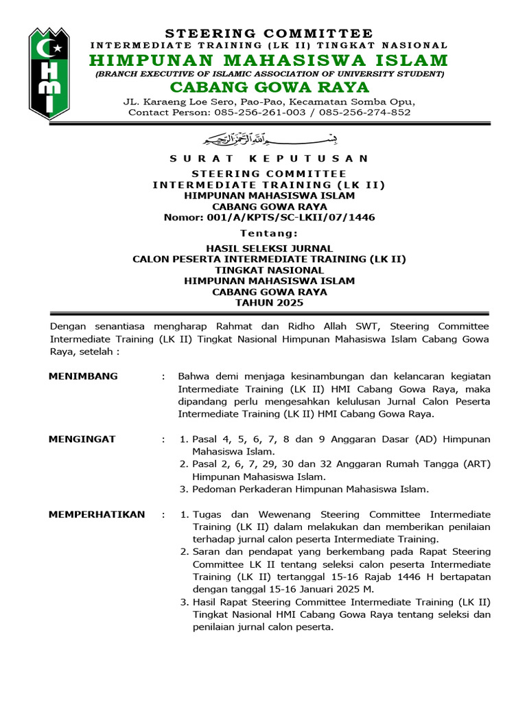 Hasil Seleksi Jurnal Peserta LK II HMI 2025 | PDF