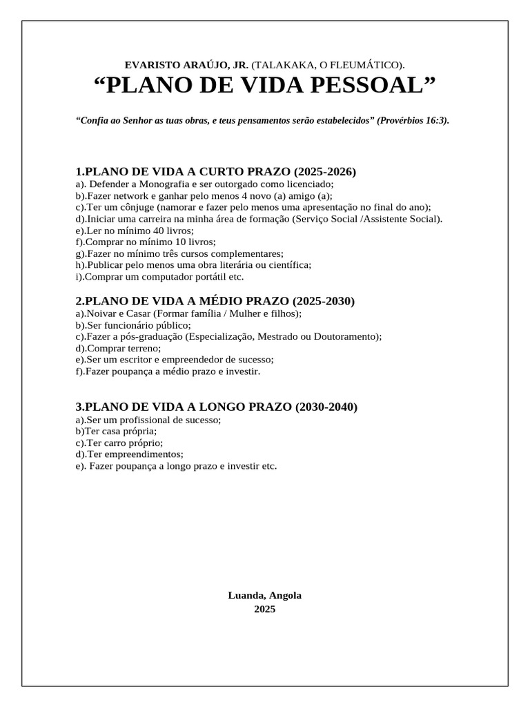 Evaristo-Plano de Vida Pessoal | PDF