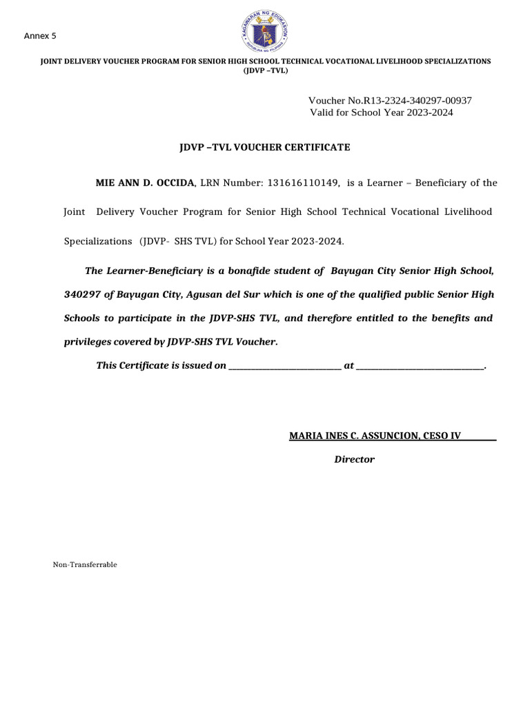 Annex 5 JDVP TVL Voucher Certificate 01212020 | PDF