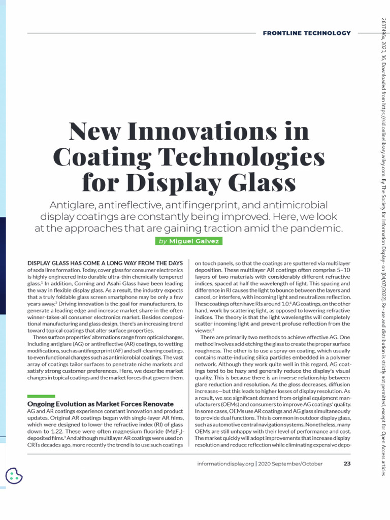 New Innovations in Coating Technologies For Display Glass | PDF