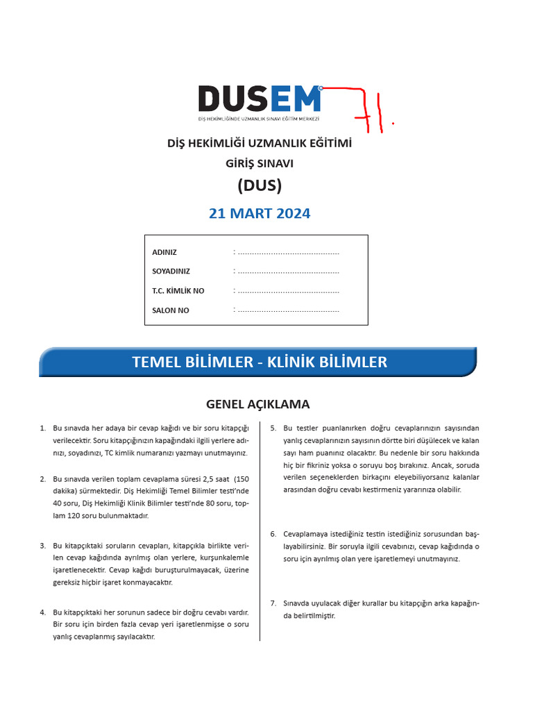 DUS Deneme Sinavi 2024 5 Soru | PDF