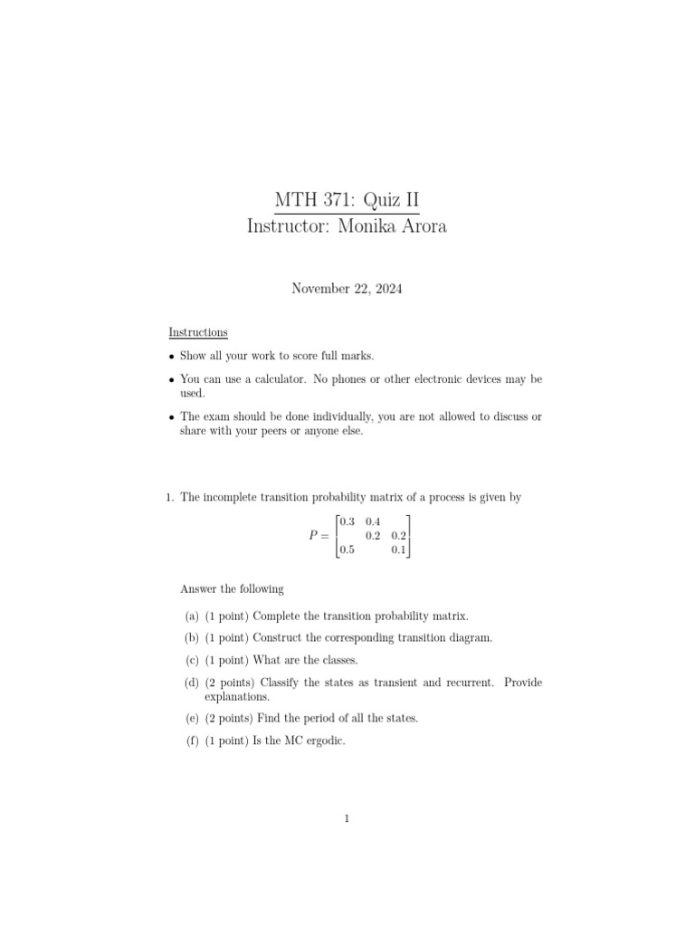 MTH 371 Quiz II: Transition Matrices | PDF