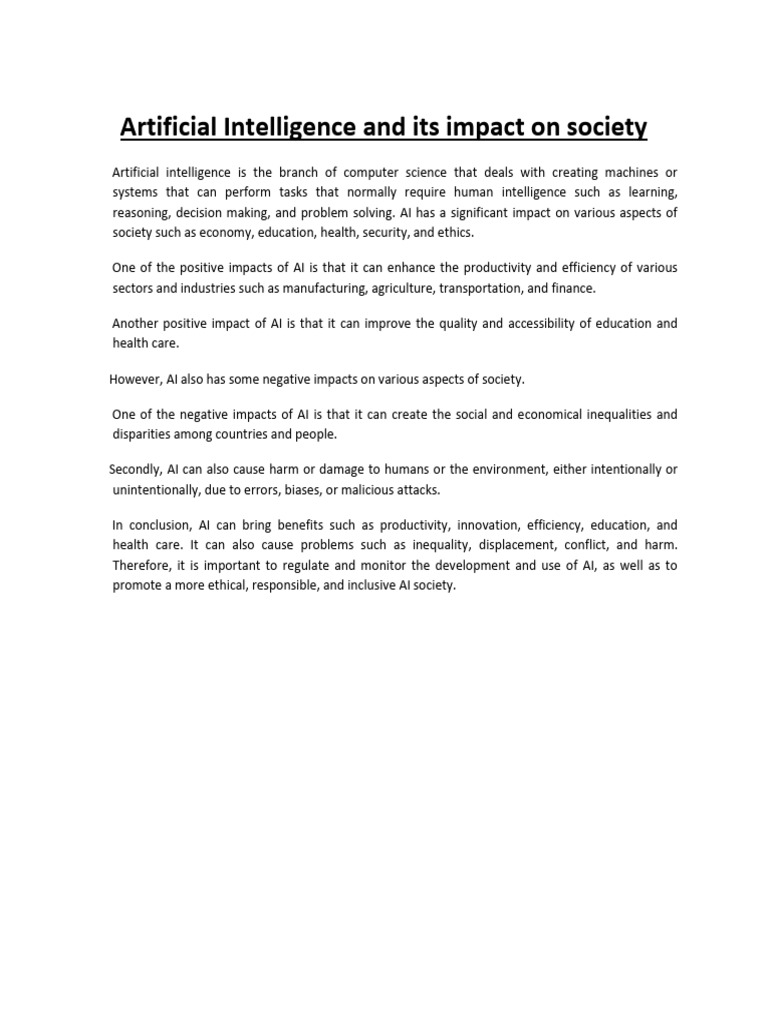 Artificial Intelligence and Its Impact On Society | PDF