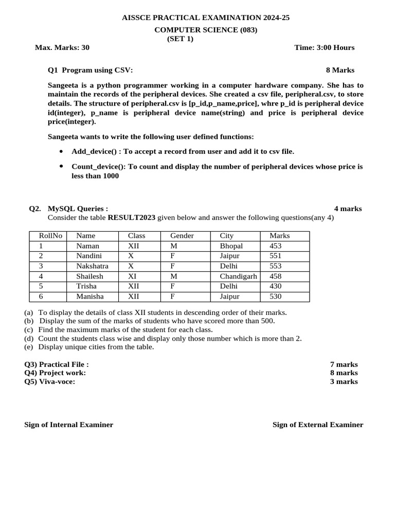 AISSCE CS PRACTICAL EXAMINATION 2024-25 set-1 | PDF | Computer Engineering | Computer Science