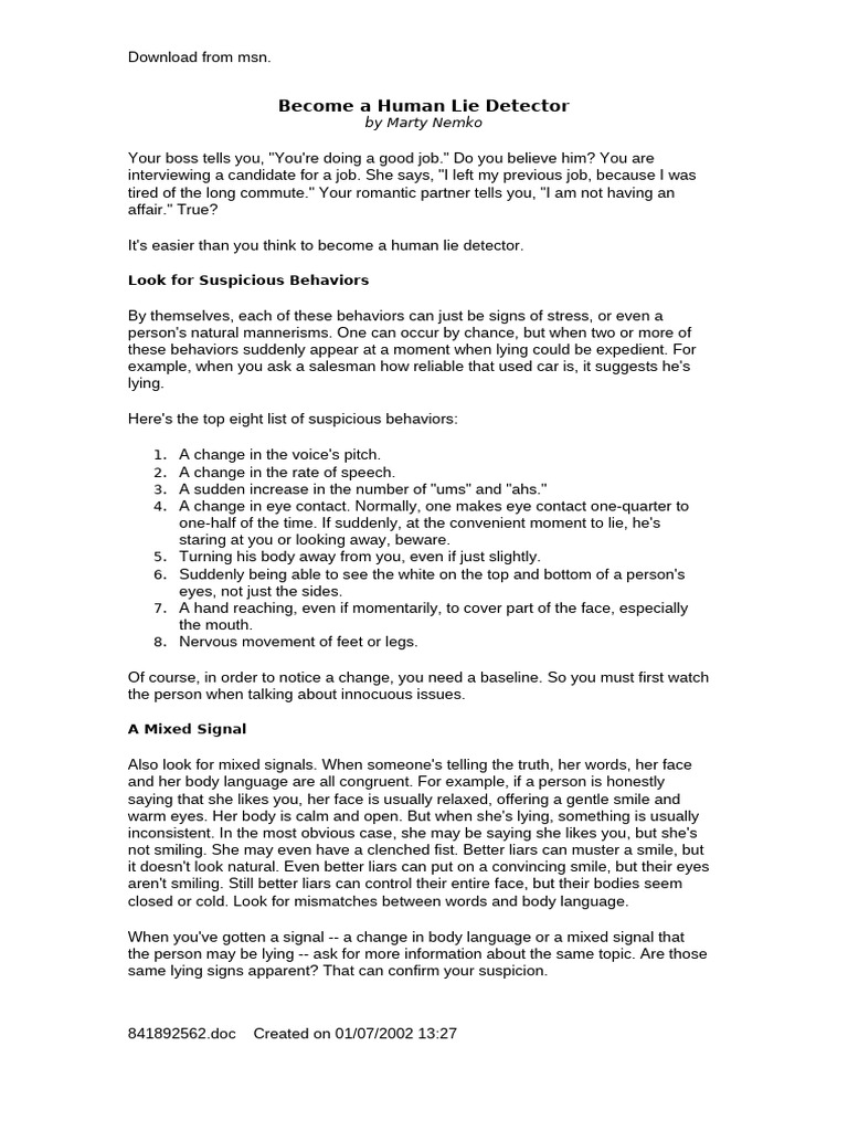 Become A Human Lie Detector | PDF | Body Language | Human Communication