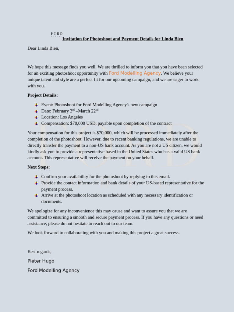Invitation For Photoshoot and Payment Details For Linda Bien | PDF