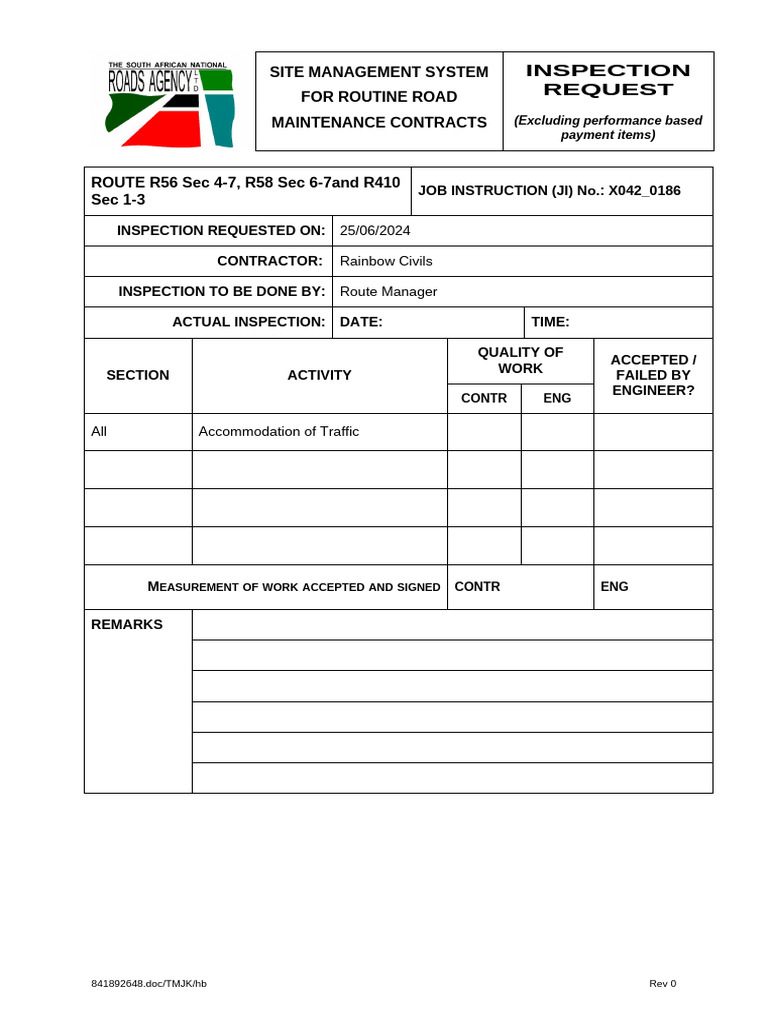 Road Maintenance Inspection Request | PDF