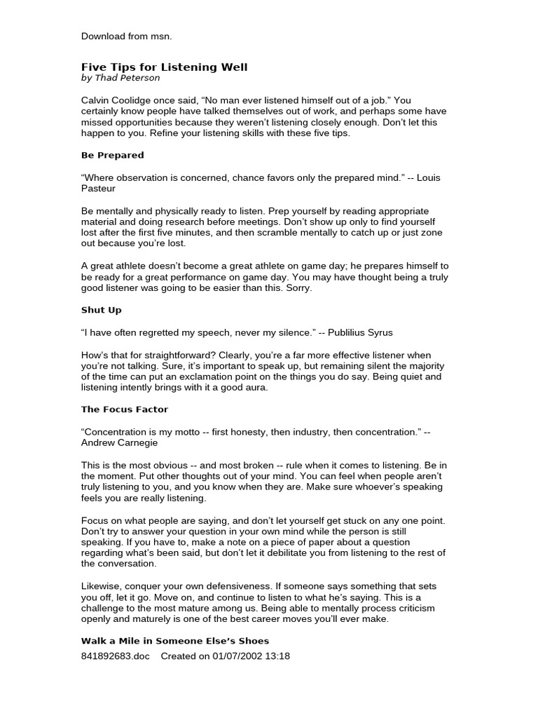 Five Tips For Listening Well | PDF