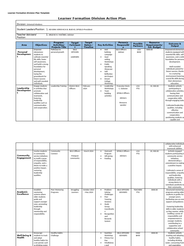 Ormin SELG LFD Action Plan | PDF | Mentorship | Leadership