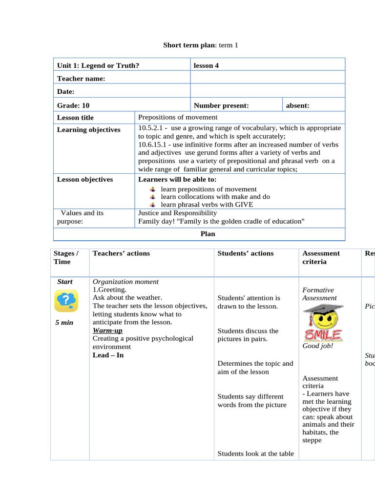 Prepositions of Movement Lesson Plan | PDF | Preposition And ...