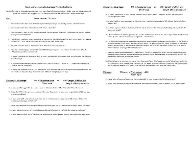 Workmechanicaladvantageproblems | PDF | Lever | Mechanics