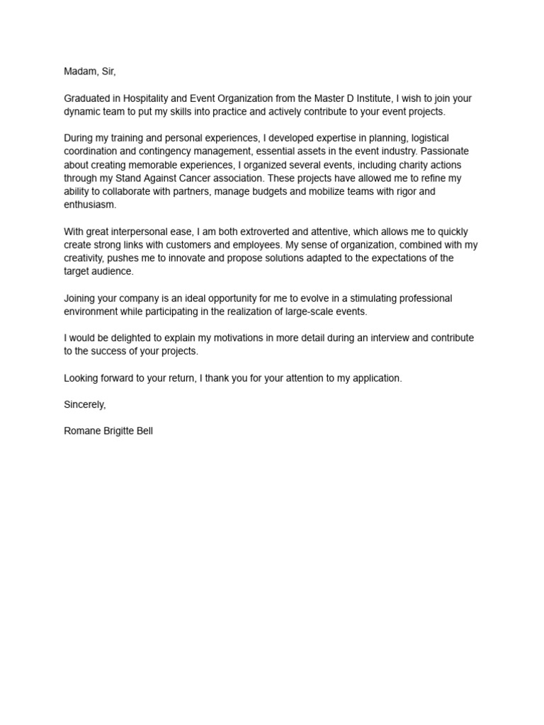 Cover Letter Romane Brigitte Bell | PDF