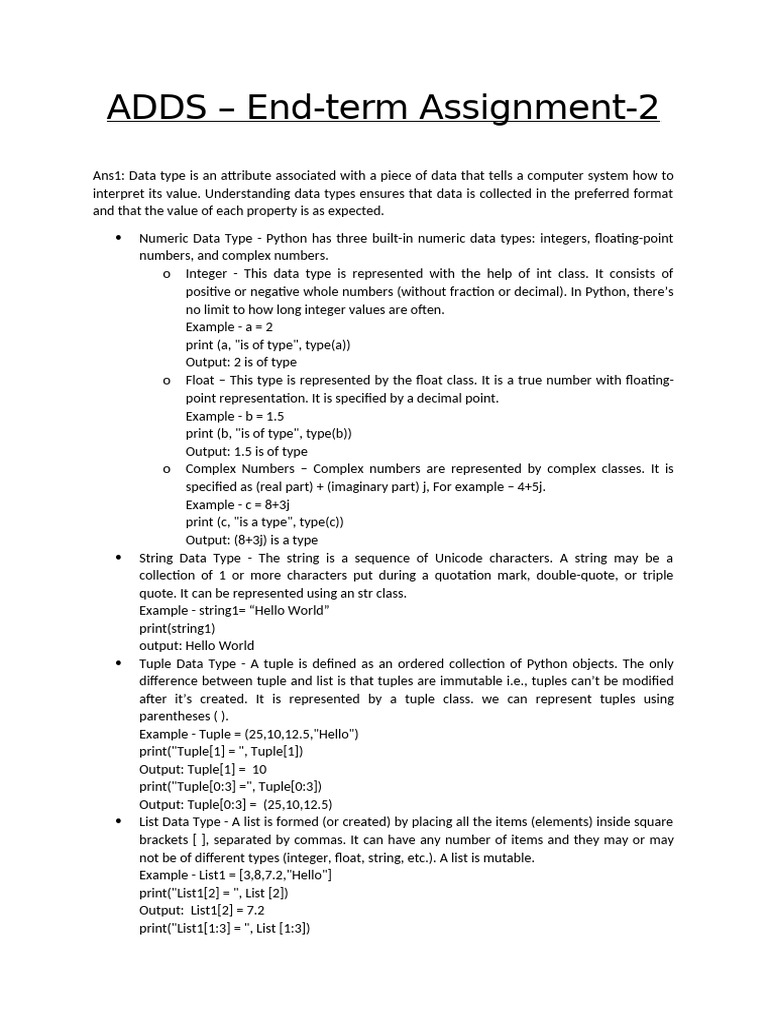 ADDS Final End Term Assingment | PDF | Data Type | Numbers