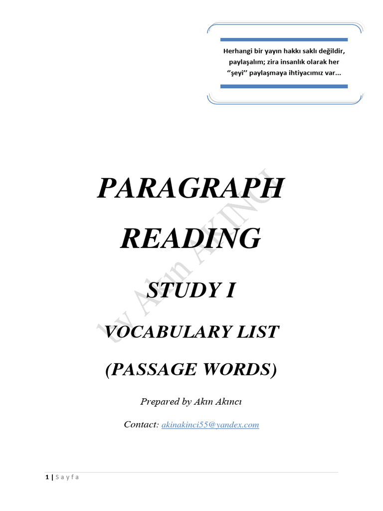 Paragraph Reading Study I Vocabulary Lis | PDF