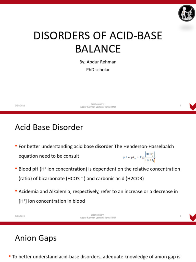 DISORDERS OF ACID-BASE BALANCE - Lecture 2 | PDF | Bicarbonate | Physiology