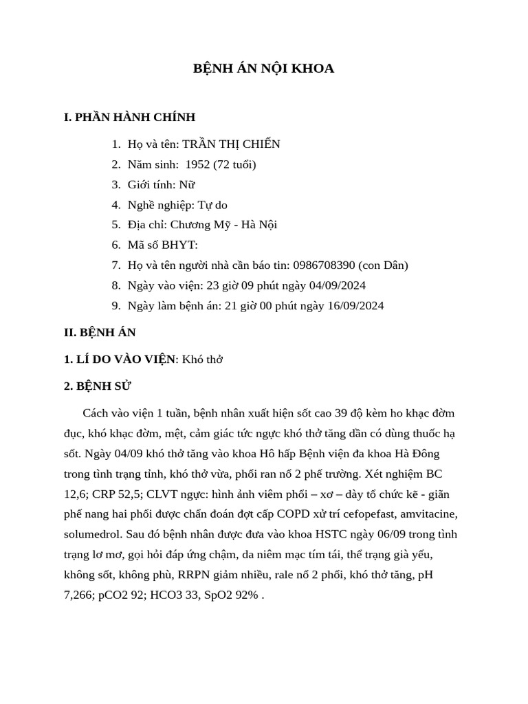 Bệnh Án Hscc Thi | PDF