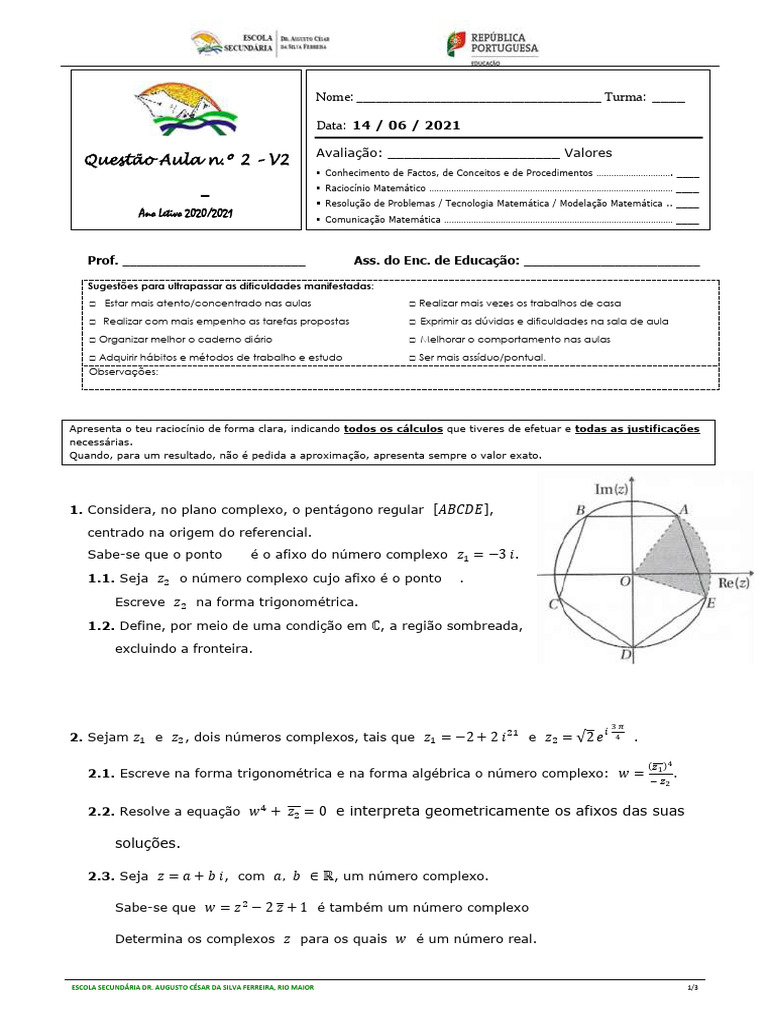 Questão Aula N.º 2 Mat. A 12º - V2 | PDF | Número complexo | Matemática