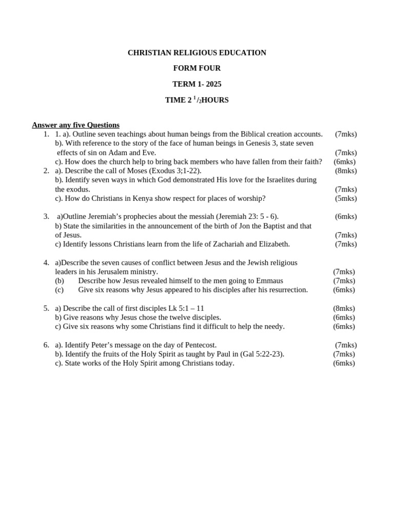 C.R.E. - CRE - Question Paper-1 | PDF | Jesus | Resurrection Of Jesus