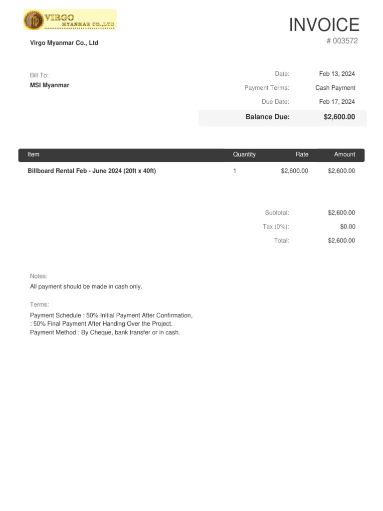 2,600 USD - Invoice For UCM Billboard | PDF