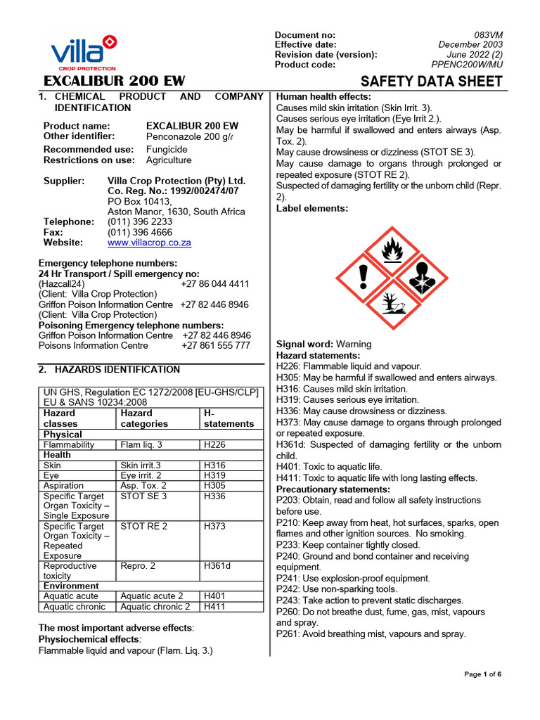 Excalibur 200 EW Safety Data Sheet | PDF | Dangerous Goods | Toxicity