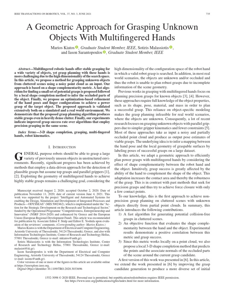 A Geometric Approach For Grasping Unknown Objects With Multifingered Hands | PDF | Mathematical ...