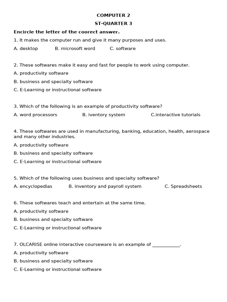 Computer Software Quiz Guide | PDF | Software | Microsoft Word