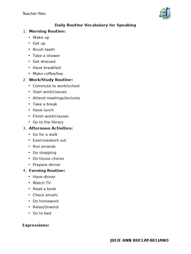 Daily Routine Vocabulary IELTS 07 | PDF | Languages | Foreign Language ...
