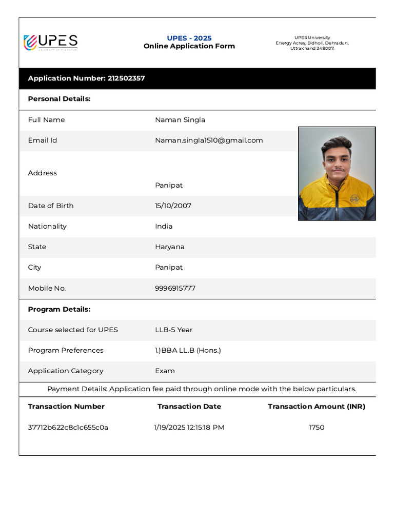 UPES - Applicant Dashboard - Print Application | PDF