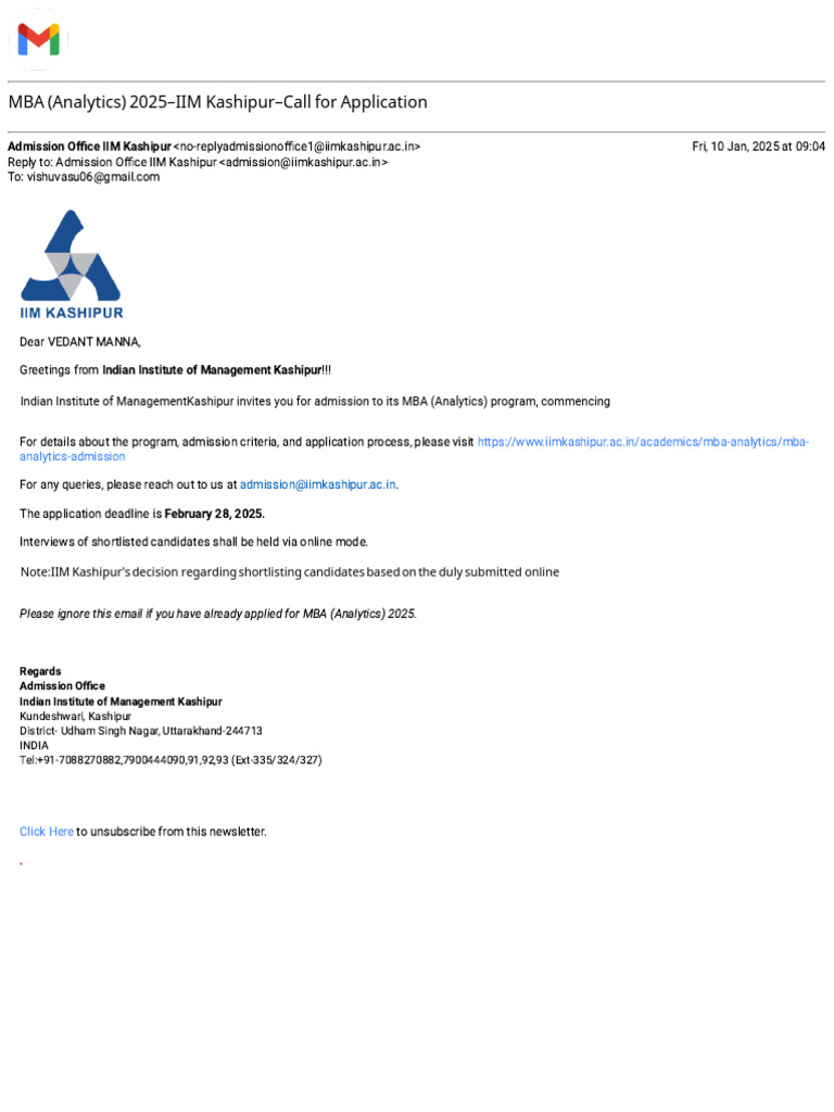 Gmail - MBA (Analytics) 2025 - IIM Kashipur - Information Brochure | PDF