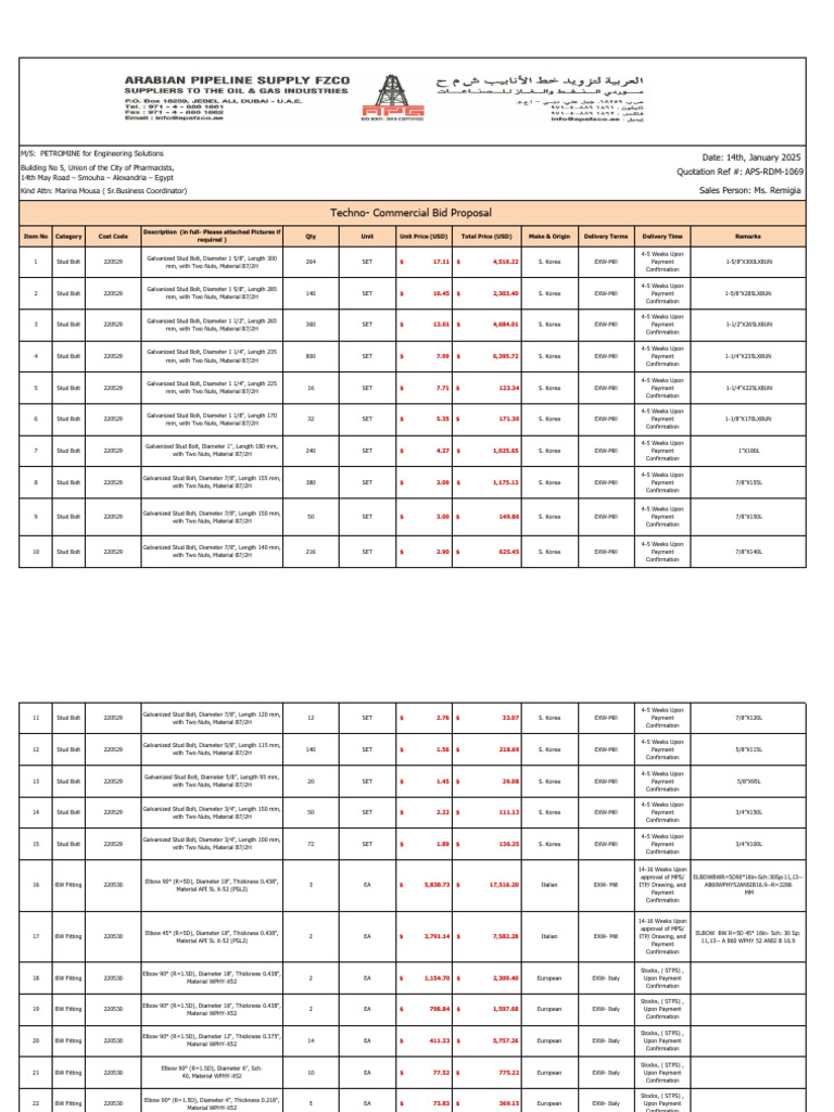 APS-RDM-1069- Techno- Commercial Bid Proposal | PDF | Screw | Pipe (Fluid Conveyance)