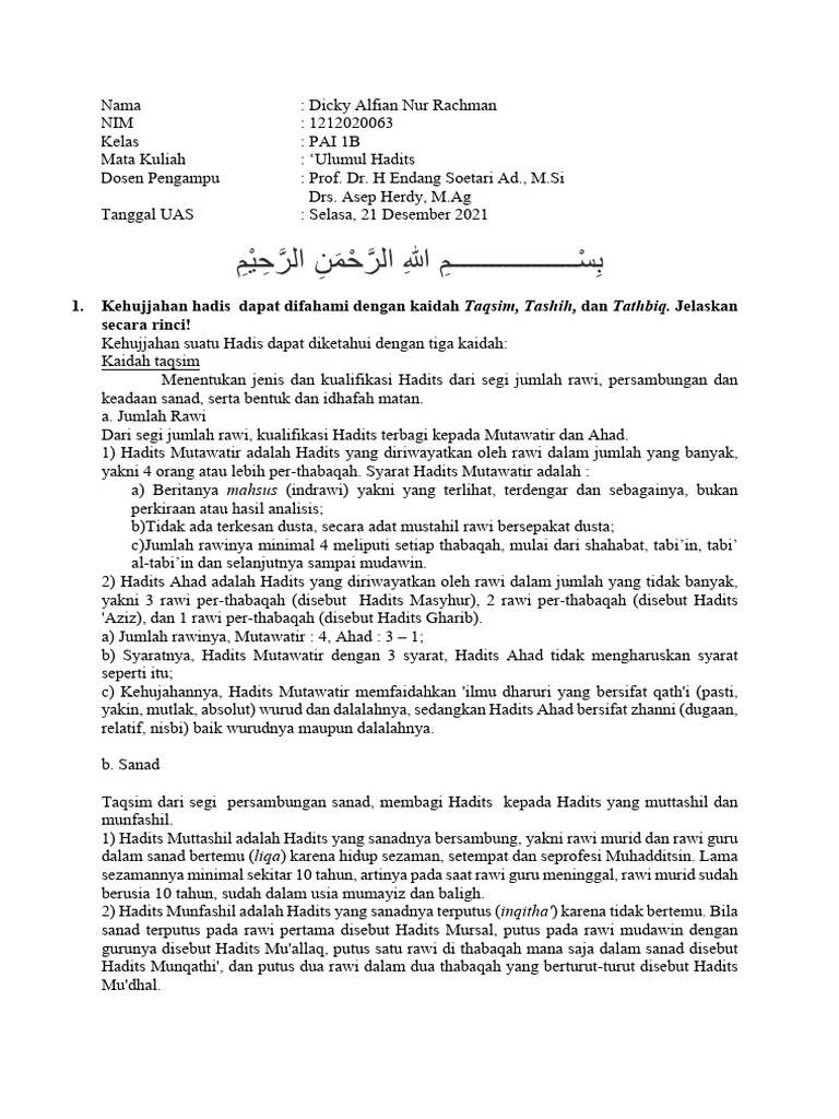 UAS Ulumul Hadits Dicky Alfian Nur Rachman 1212020063 PAI 1B | PDF
