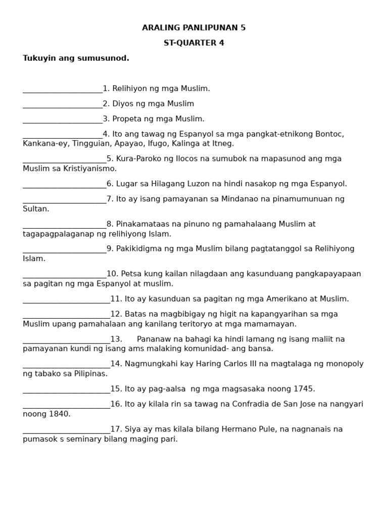 Araling Panlipunan 5 ST Q4 2024 | PDF