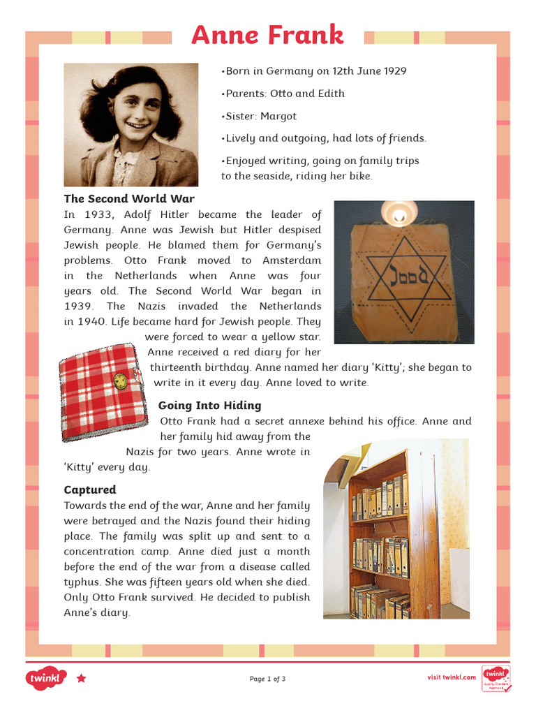 Anne Frank Differentiated Reading Comprehension Activity Ver 4 | PDF ...