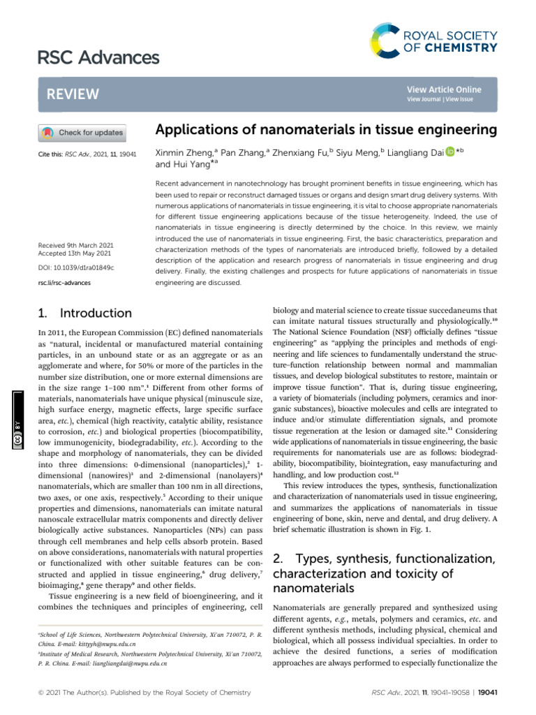 Application of Nanomaterials in tissue engineering | PDF | Nanomaterials | Tissue Engineering