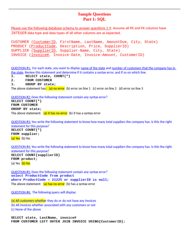 Sample Questions Answers | PDF | No Sql | Databases