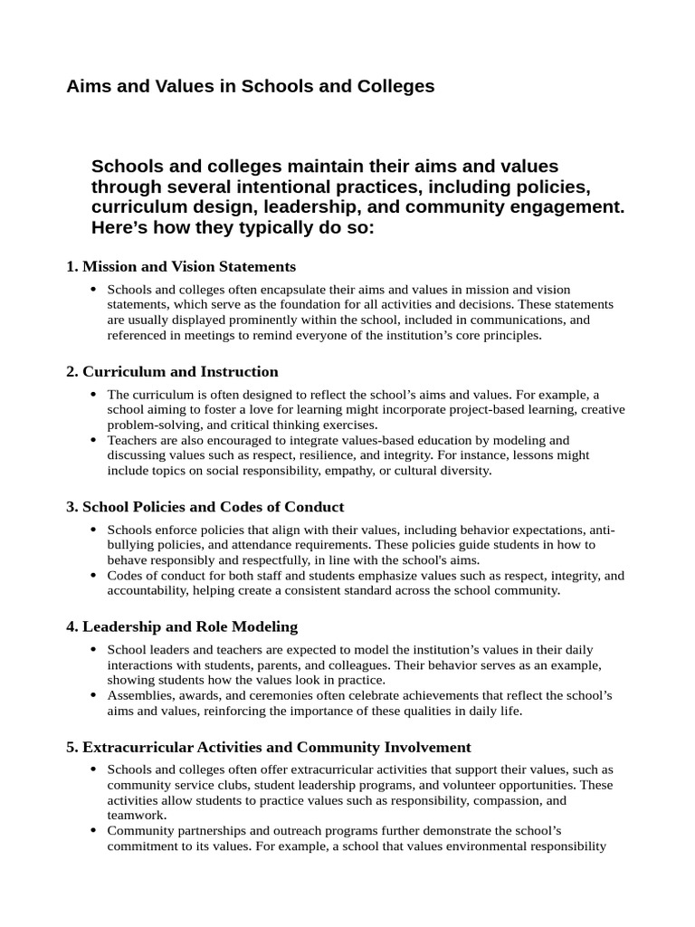 Aims and Values in Schools and Colleges | PDF | Curriculum | Integrity