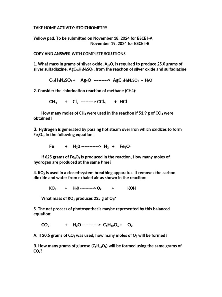 Take Home Activity - Stoichiometrydocx | PDF