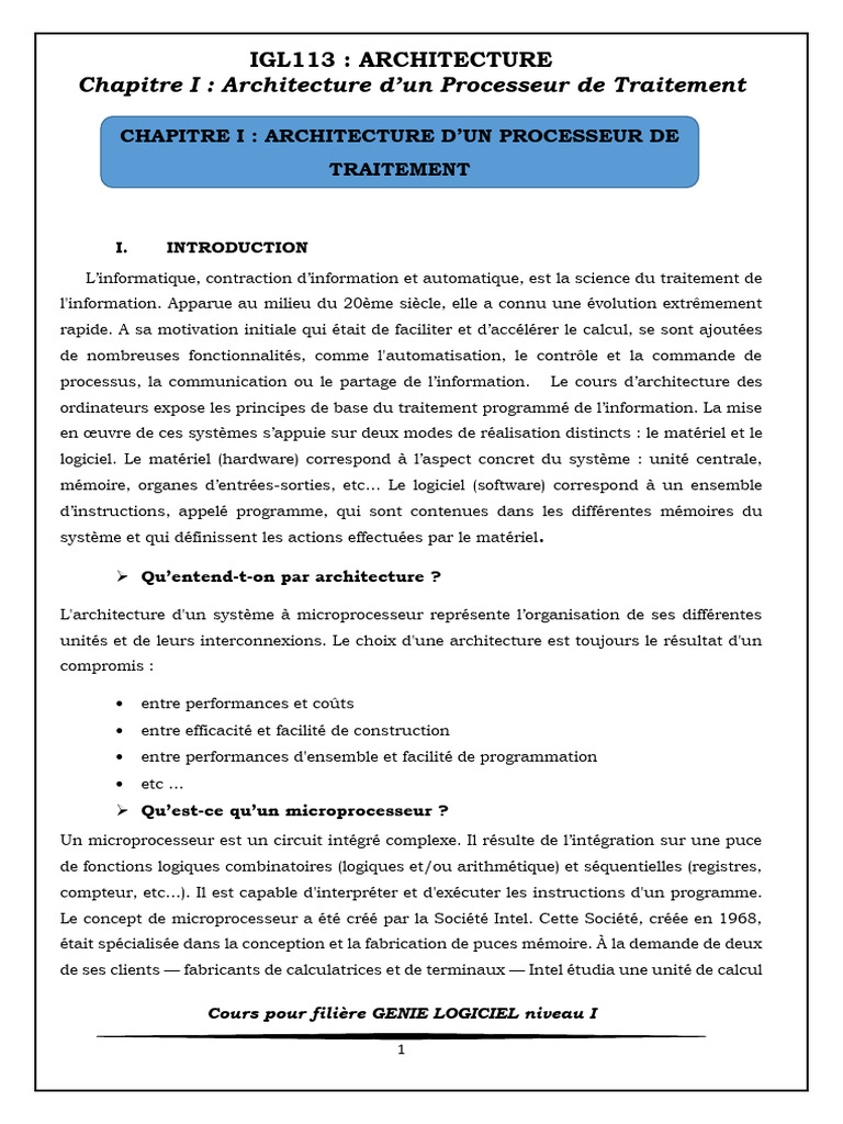 Cours Architecture 1ere Et 2eme Partie | PDF | Microprocesseur | Entrée ...