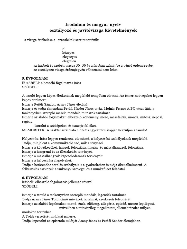 Irodalom És Magyar Nyelv Osztályozó És Javítóvizsga Követelmények | PDF