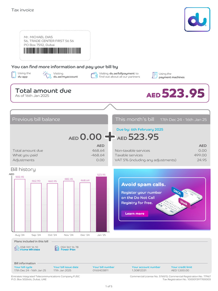 Du Telecom UAE bill | PDF | Public Finance | Taxation
