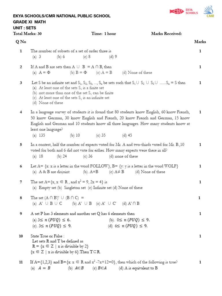 Grade XI Math: Sets Unit Exam Questions | PDF | Set (Mathematics ...