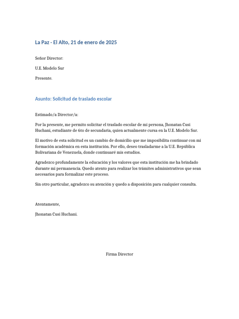 Carta Traslado Jhonatan Cusi Huchani | PDF