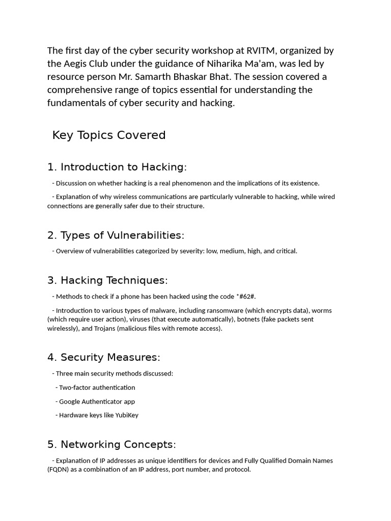 Cyber Security Workshop Insights at RVITM | PDF