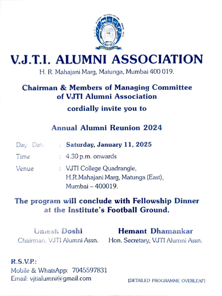 VJTI Alumni Reunion 2024 Invitation | PDF